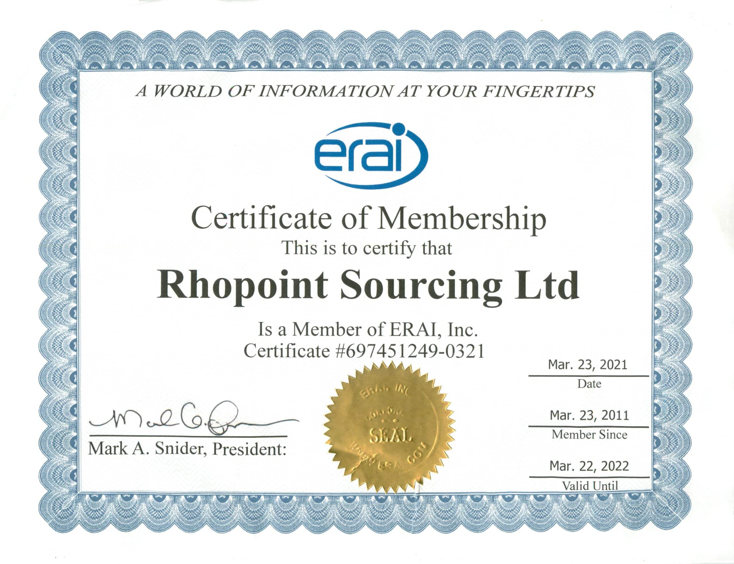 ERAI Membership Information and Certificate - Rhopoint Sourcing