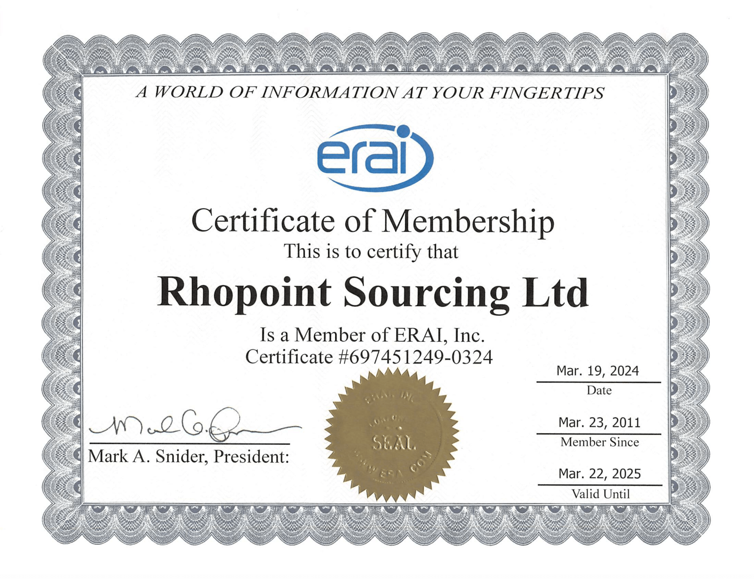 ERAI Membership Information and Certificate - Rhopoint Sourcing